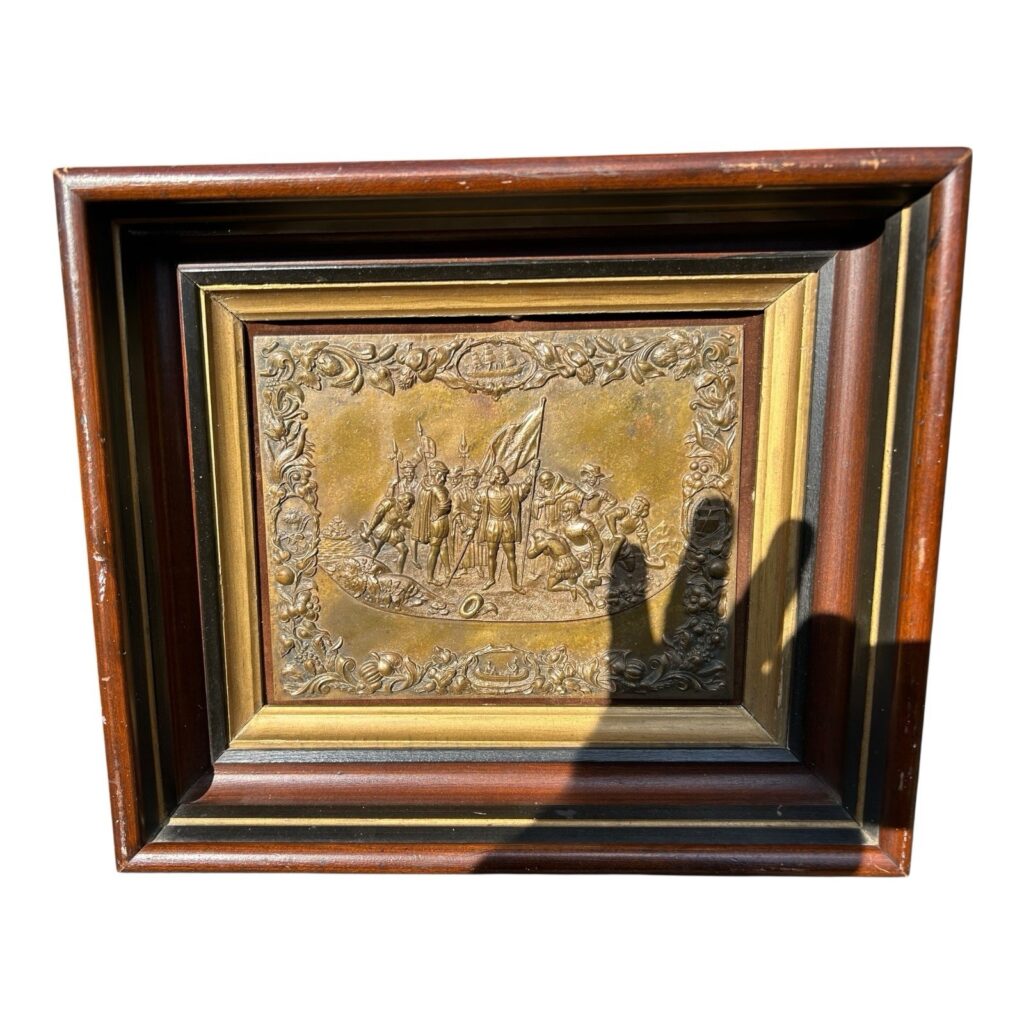 Antique Shadow Box Frame Brass Plague with Christopher Columbus Landing ...
