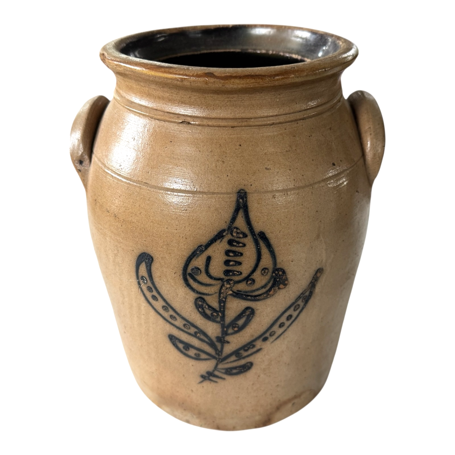 Antique Americana Folk Art Stoneware Crock with Cobalt Blue Floral ...
